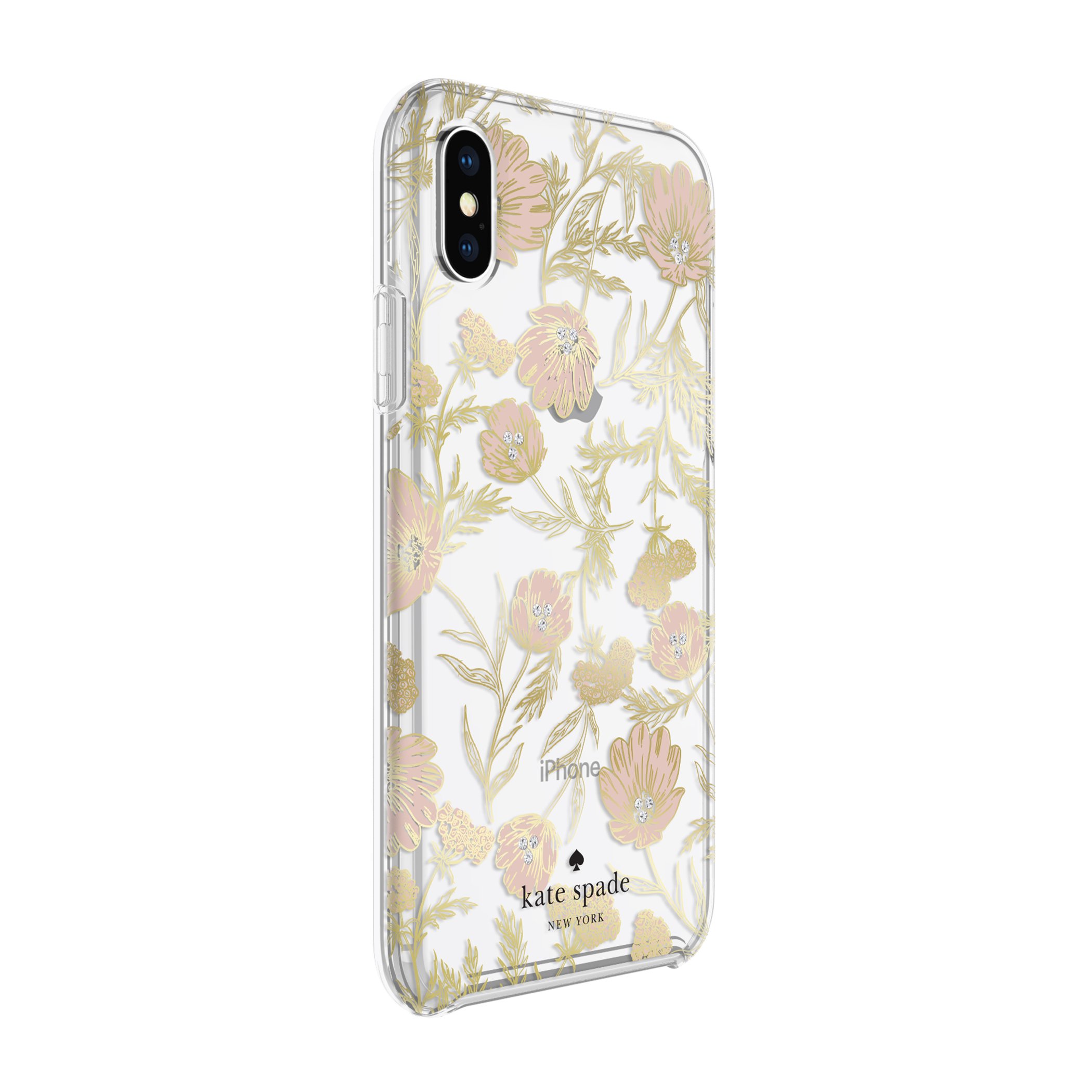 Kate Spade Floral iPhone X/XS Case - Slim, Bumper Protection, Blossom Pink/Gold with Gems