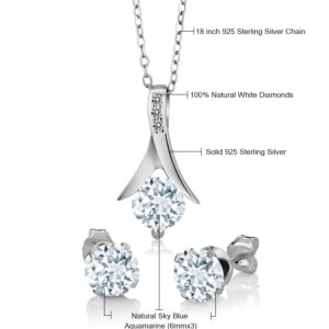 Gem Stone King 925 Sterling Silver Sky Blue Aquamarine and White Diamond Pendant Earrings Jewelry Set Gift Set For Women (2.30 Cttw, Round Cut with 18 Inch Silver Chain)