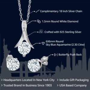 Gem Stone King 925 Sterling Silver Sky Blue Aquamarine and White Diamond Pendant Earrings Jewelry Set Gift Set For Women (2.30 Cttw, Round Cut with 18 Inch Silver Chain)