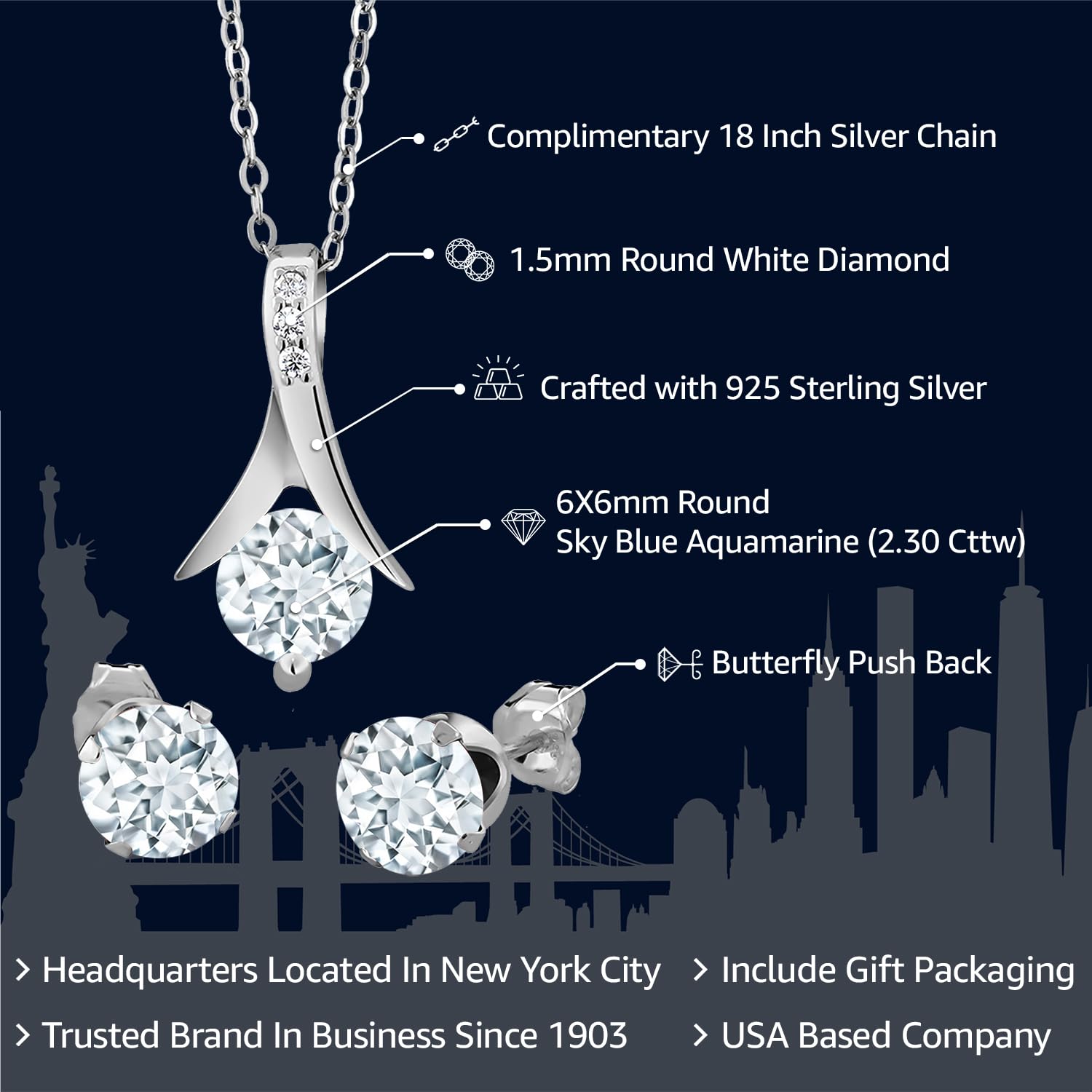 Gem Stone King 925 Sterling Silver Sky Blue Aquamarine and White Diamond Pendant Earrings Jewelry Set Gift Set For Women (2.30 Cttw, Round Cut with 18 Inch Silver Chain)