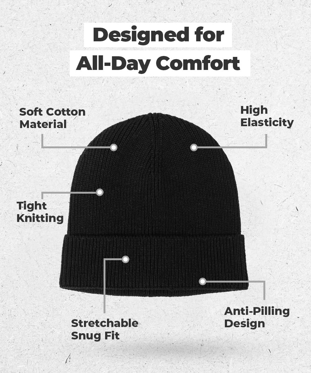 Cotton Cuffed Beanie - Men and Women - 100% Cotton - 10 Colors - Black