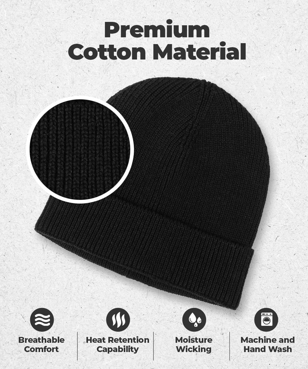 Cotton Cuffed Beanie - Men and Women - 100% Cotton - 10 Colors - Black