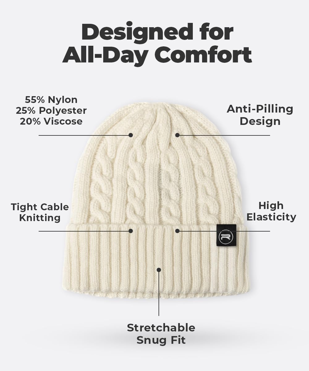 Revony Cable Knit Beanie for Women & Men - Warm, Soft, with a Delicious Cashmere Feel Ivory