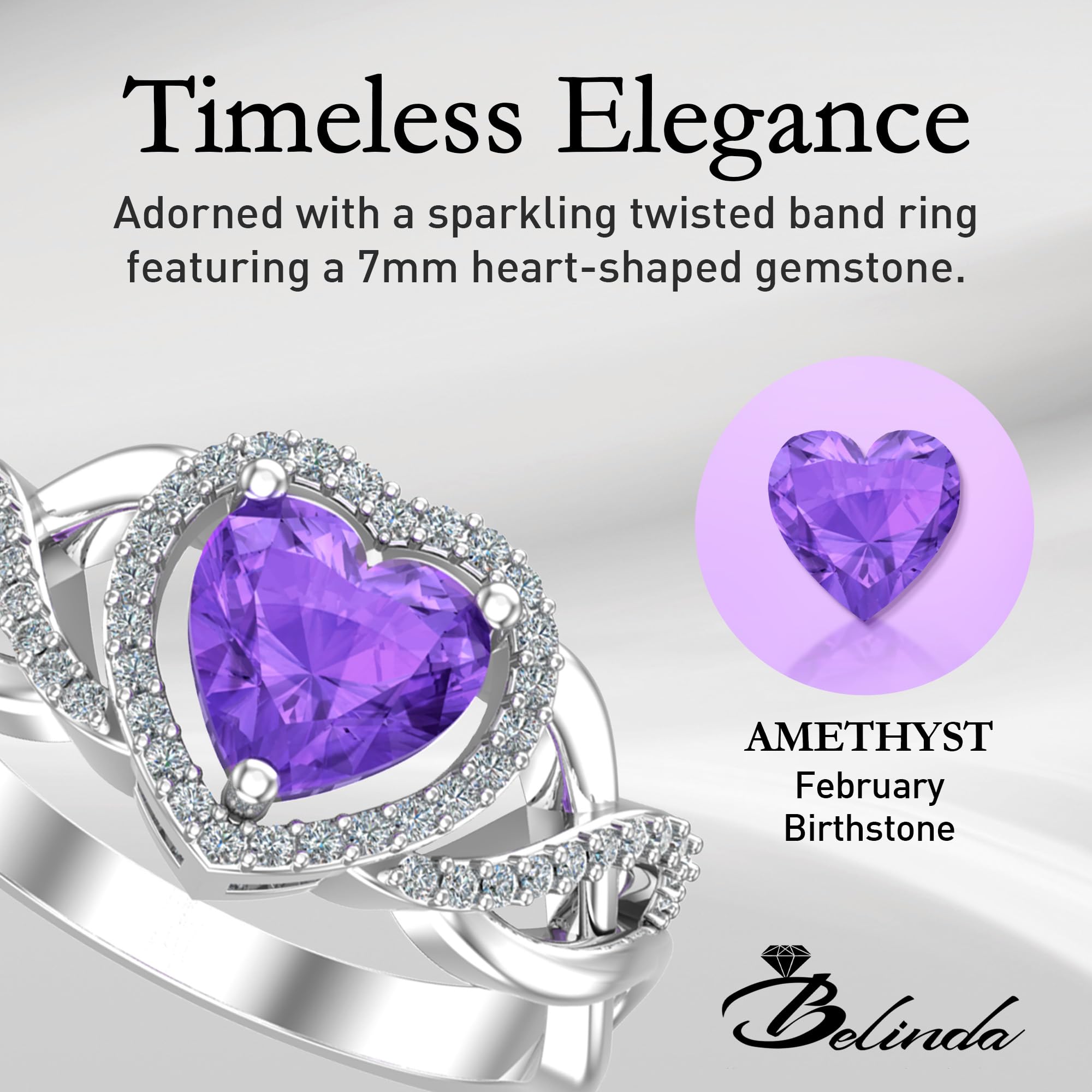 Belinda Jewelz Womens 925 Sterling Silver Purple Amethyst Gemstone Ring Size 6 Heart CZ Diamond Rhodium Twisted Band Jewelry Gift for Engagement Wedding