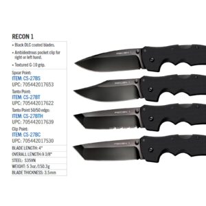 Cold Steel Recon 1 Series Tactical Folding Knife with Tri-Ad Lock and Pocket Clip - Made with Premium CPM-S35VN Steel, Tanto Plain Edge