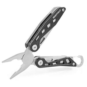 sheffield 12176 warren 10-in-1 multi tool with carabiner | folding pocket knife, screwdrivers, saw, wire cutters & more in one multifunction tool| easy open | for hiking, fishing, camping + | sheath,black