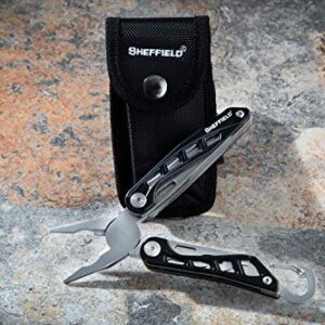 Sheffield 12176 Warren 10-in-1 Multi Tool with Carabiner | Folding Pocket Knife, Screwdrivers, Saw, Wire Cutters & More in One Multifunction Tool| Easy Open | for Hiking, Fishing, Camping + | Sheath,Black