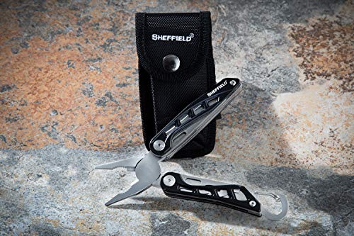 Sheffield 12176 Warren 10-in-1 Multi Tool with Carabiner | Folding Pocket Knife, Screwdrivers, Saw, Wire Cutters & More in One Multifunction Tool| Easy Open | for Hiking, Fishing, Camping + | Sheath,Black