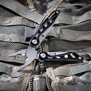 Sheffield 12176 Warren 10-in-1 Multi Tool with Carabiner | Folding Pocket Knife, Screwdrivers, Saw, Wire Cutters & More in One Multifunction Tool| Easy Open | for Hiking, Fishing, Camping + | Sheath,Black