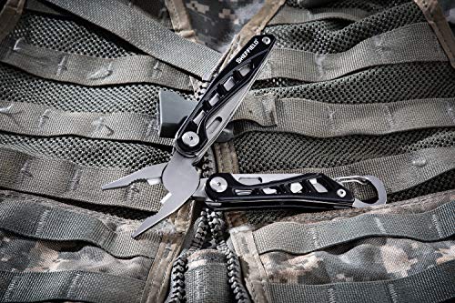 Sheffield 12176 Warren 10-in-1 Multi Tool with Carabiner | Folding Pocket Knife, Screwdrivers, Saw, Wire Cutters & More in One Multifunction Tool| Easy Open | for Hiking, Fishing, Camping + | Sheath,Black