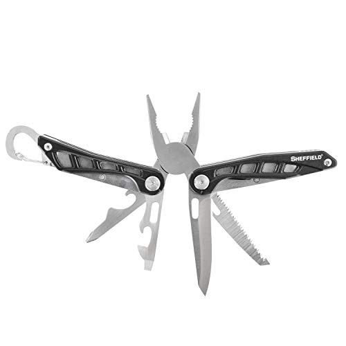 Sheffield 12176 Warren 10-in-1 Multi Tool with Carabiner | Folding Pocket Knife, Screwdrivers, Saw, Wire Cutters & More in One Multifunction Tool| Easy Open | for Hiking, Fishing, Camping + | Sheath,Black