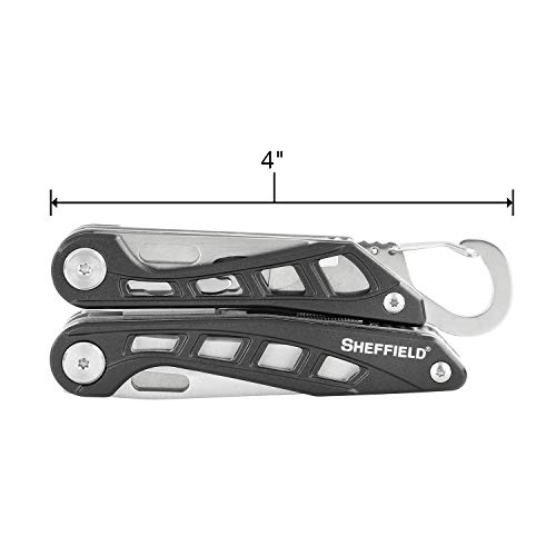 Sheffield 12176 Warren 10-in-1 Multi Tool with Carabiner | Folding Pocket Knife, Screwdrivers, Saw, Wire Cutters & More in One Multifunction Tool| Easy Open | for Hiking, Fishing, Camping + | Sheath,Black