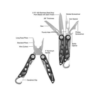 Sheffield 12176 Warren 10-in-1 Multi Tool with Carabiner | Folding Pocket Knife, Screwdrivers, Saw, Wire Cutters & More in One Multifunction Tool| Easy Open | for Hiking, Fishing, Camping + | Sheath,Black