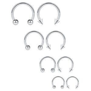 ruifan 8pcs surgical steel cbr nose septum horseshoe earring eyebrow tongue lip piercing ring with balls & spikes 16g 6-12mm - silver