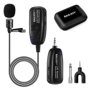 easjoy wireless lavalier microphone,2.4g clip-on lapel mic compatible with iphone,android smartphone,dslr,pc computer,voice amplifier,pa system,stage speakers,for youtube,interview,teaching