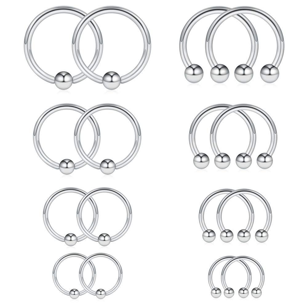 Ruifan 8PRS(16PCS) 14G Surgical Steel Horseshoe & Captive Bead Nose Hoop Septum Earring Eyebrow Tongue Lip Nipple Helix Tragus Piercing Rings 6-12mm - Silver