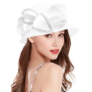 original one women's fancy rhinestones floral fascinators tea party event topper derby church hat (white)