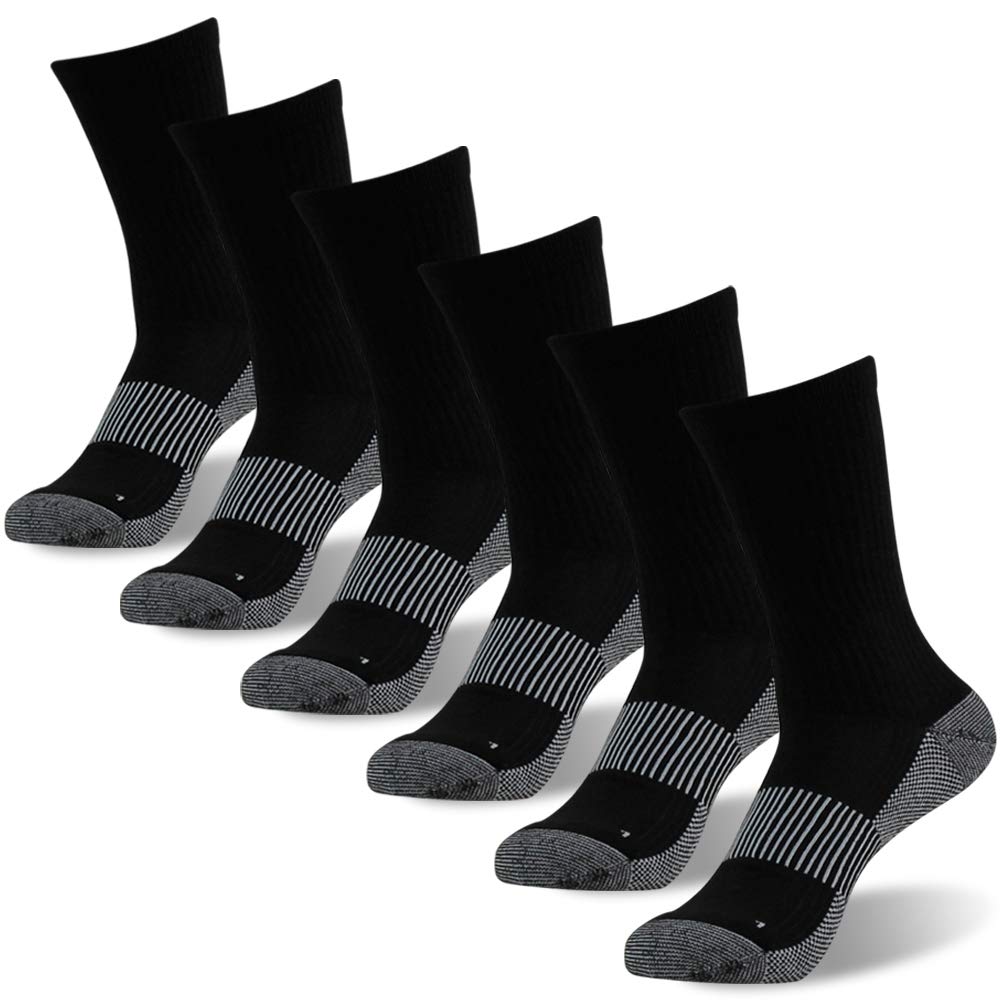 FOOTPLUS Copper Summer Hiking Socks, Mens Womens Cushioned Sole Arch Support Marathon Running Crew Copper Infused Odor Free Climbing Camping Compression Socks, 6 Pairs Black, Medium