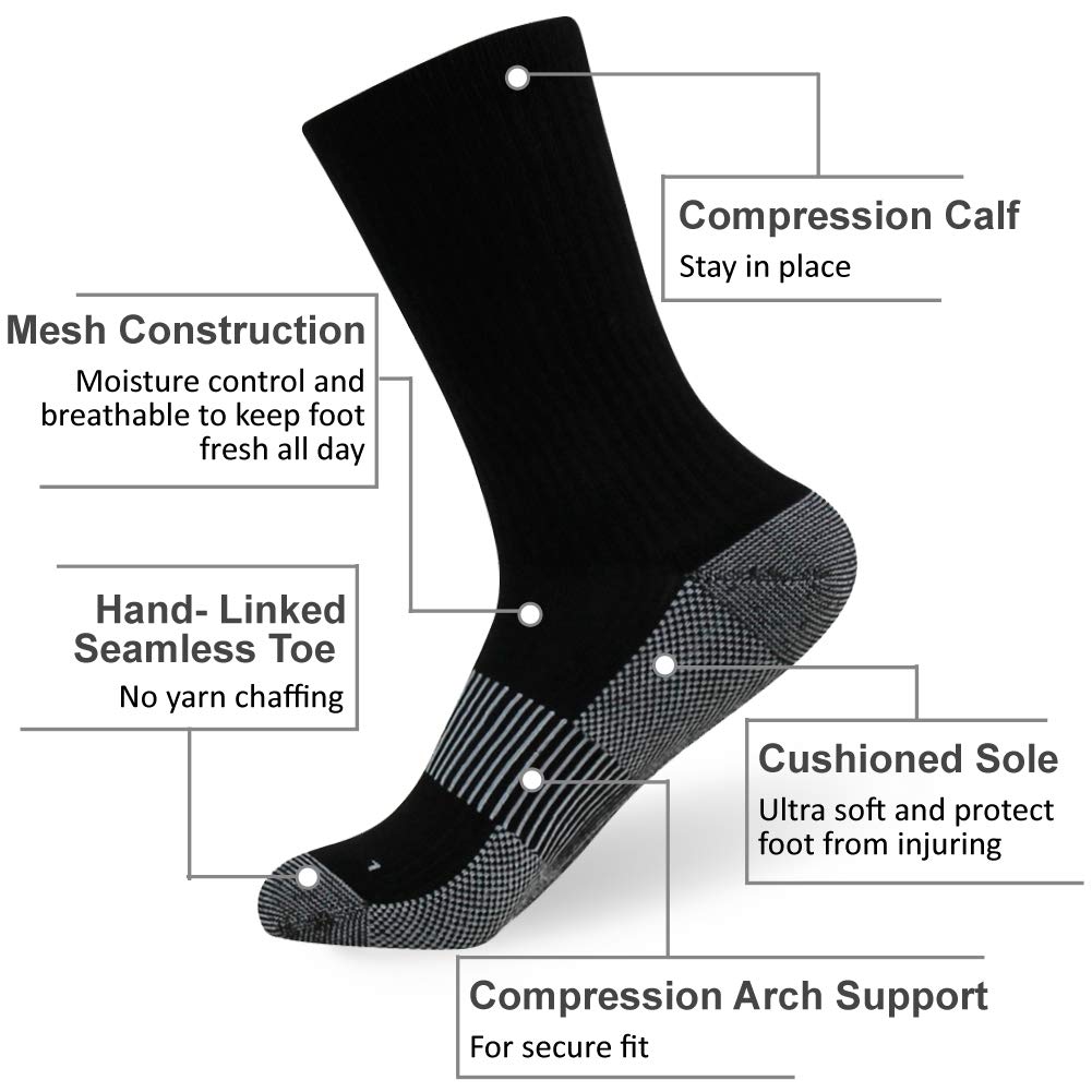 FOOTPLUS Copper Summer Hiking Socks, Mens Womens Cushioned Sole Arch Support Marathon Running Crew Copper Infused Odor Free Climbing Camping Compression Socks, 6 Pairs Black, Medium