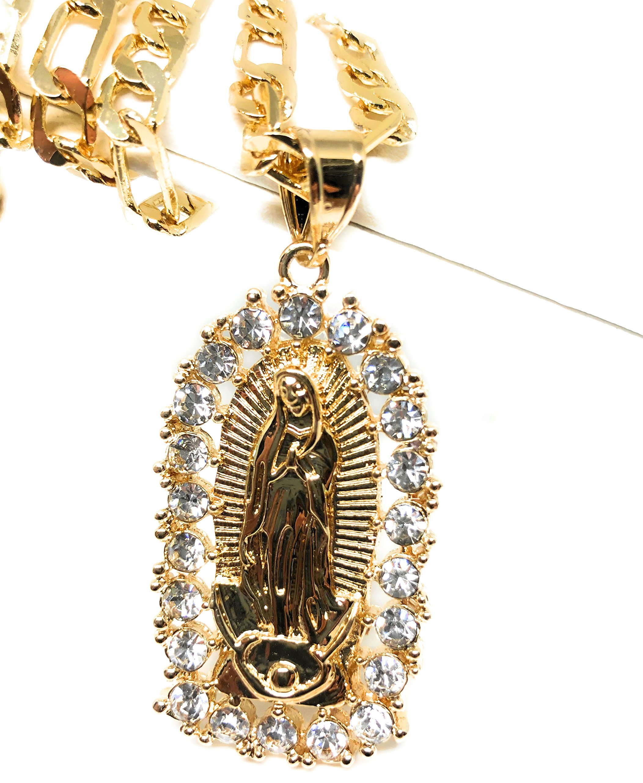 Gold Plated Virgin Mary Pendant Necklace Figaro 26" Virgen de Guadalupe Medalla Oro Laminado