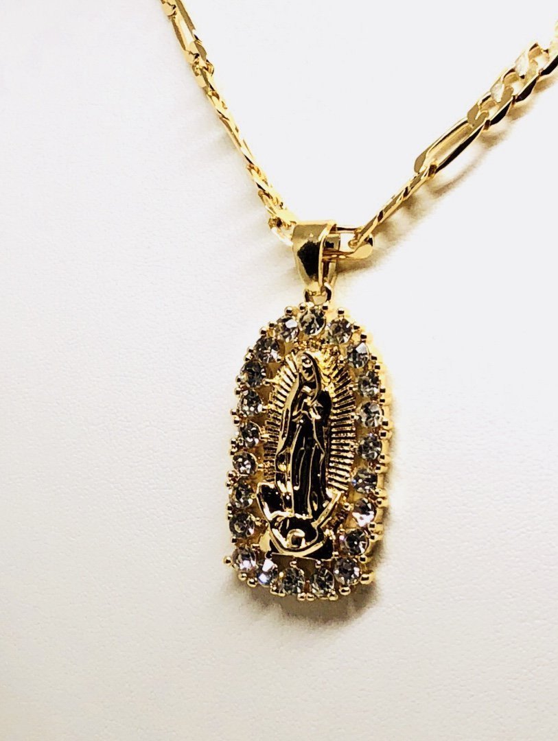 Gold Plated Virgin Mary Pendant Necklace Figaro 26" Virgen de Guadalupe Medalla Oro Laminado