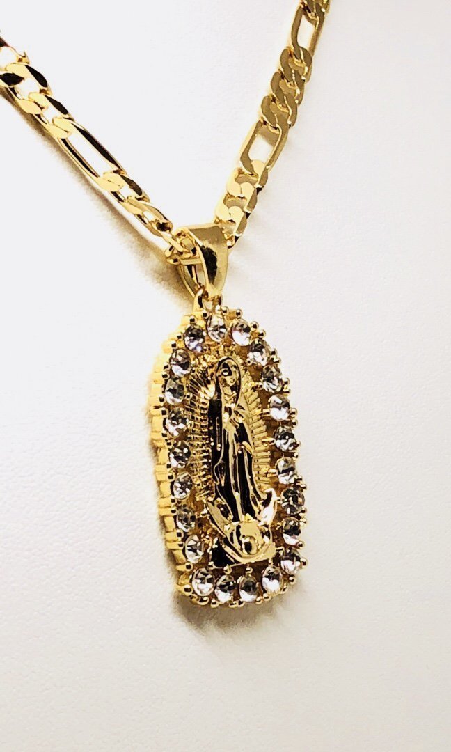 Gold Plated Virgin Mary Pendant Necklace Figaro 26" Virgen de Guadalupe Medalla Oro Laminado