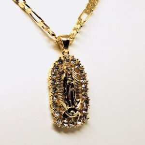 Gold Plated Virgin Mary Pendant Necklace Figaro 26" Virgen de Guadalupe Medalla Oro Laminado