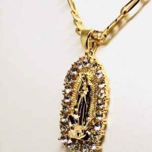 Gold Plated Virgin Mary Pendant Necklace Figaro 26" Virgen de Guadalupe Medalla Oro Laminado