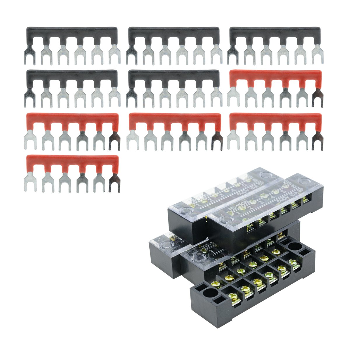 YXQ 600V 15A 6 Positions Double Row Screw Terminal Barrier Strip Block and 15A 6 Positions (5+5) Red Black Pre-Insulated Fork Type Jumper Strip