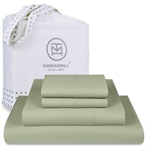 threadmill 100% cotton sheets for queen size bed - 600 thread count queen bed sheets set with 16” deep pocket - sateen weave 4-piece bedding set with cooling effect, sage green