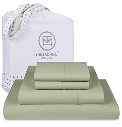 Threadmill 100% Cotton Sheets for Queen Size Bed - 600 Thread Count Queen Bed Sheets Set with 16” Deep Pocket - Sateen Weave 4-Piece Bedding Set with Cooling Effect, Sage Green