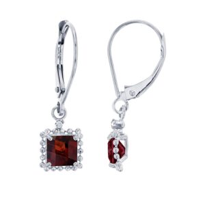 solid 10k white gold 1.25mm round white topaz & 5mm square genuine garnet january birthstone bead frame drop leverback earrings | garnet gemstone | gold earrings for women