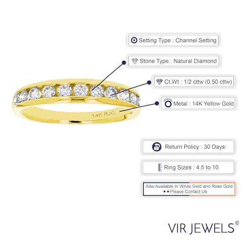 VIR JEWELS 1/2 carat (ctw) Diamond Wedding Anniversary Band for Women, Half Eternity Round Diamond Comfort Fit Engagement Ring 14K Yellow Gold Channel Set 0.50 cttw, Size 9