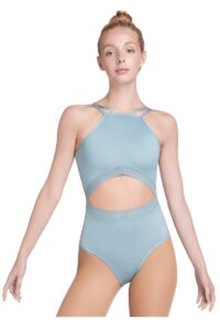 danskin women's high neck leotard, aqua dust, large