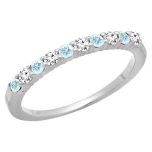 dazzlingrock collection 2mm alternate round aquamarine & white diamond stackable wedding band for women in 14k white gold, size 8