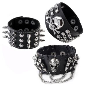 jovivi 3pcs spike studded rivets punk rock biker wide strap genuine leather bracelets chain wristband adjustable