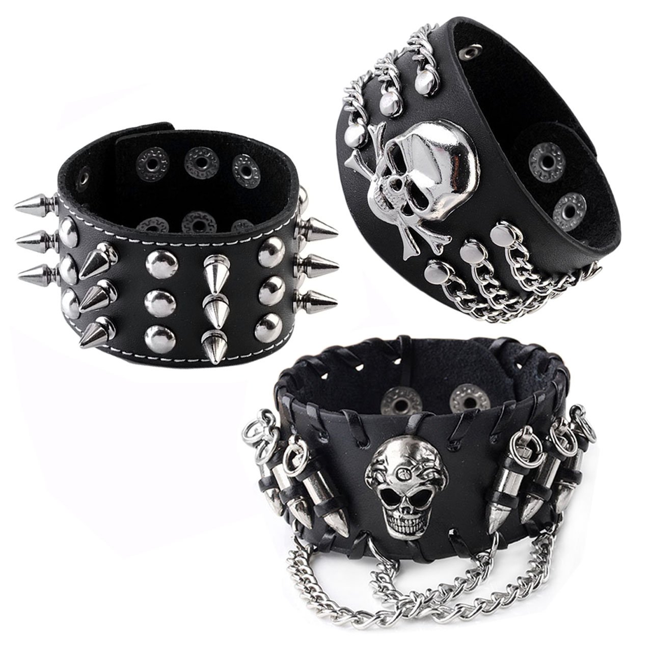 Jovivi 3pcs Spike Studded Rivets Punk Rock Biker Wide Strap Genuine Leather Bracelets Chain Wristband Adjustable