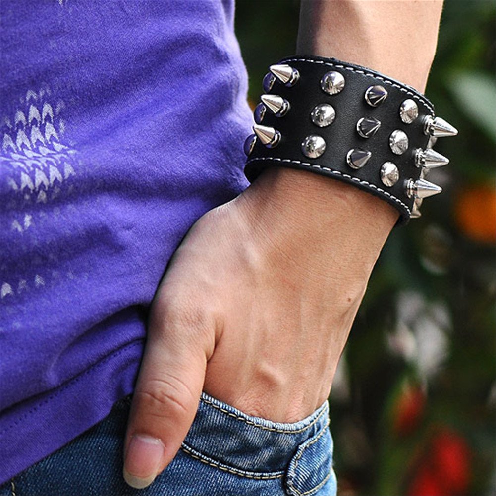 Jovivi 3pcs Spike Studded Rivets Punk Rock Biker Wide Strap Genuine Leather Bracelets Chain Wristband Adjustable