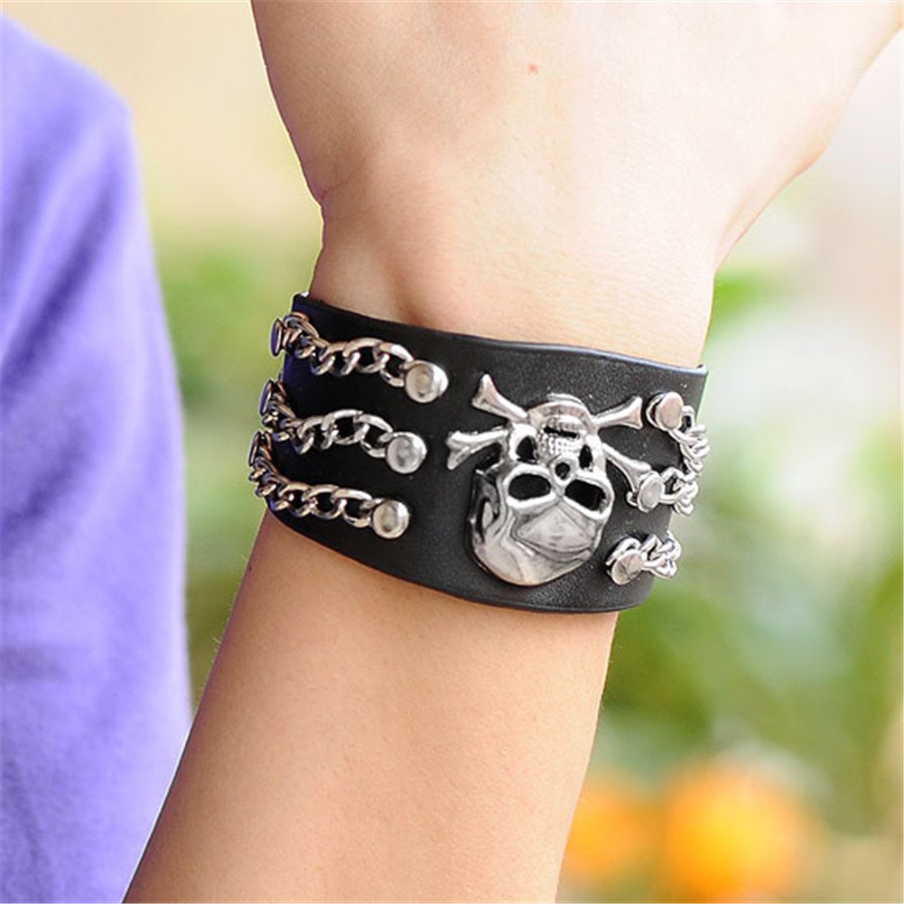 Jovivi 3pcs Spike Studded Rivets Punk Rock Biker Wide Strap Genuine Leather Bracelets Chain Wristband Adjustable