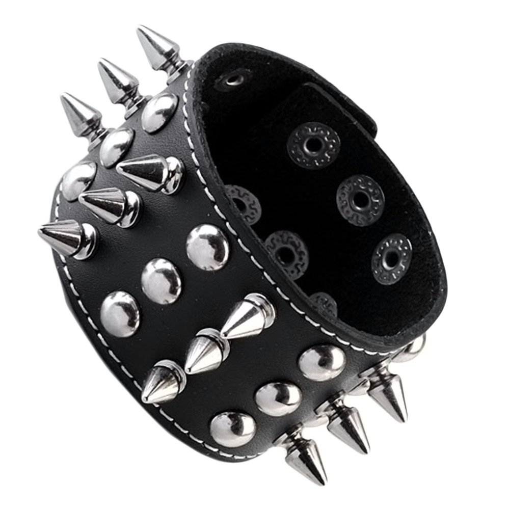 Jovivi 3pcs Spike Studded Rivets Punk Rock Biker Wide Strap Genuine Leather Bracelets Chain Wristband Adjustable