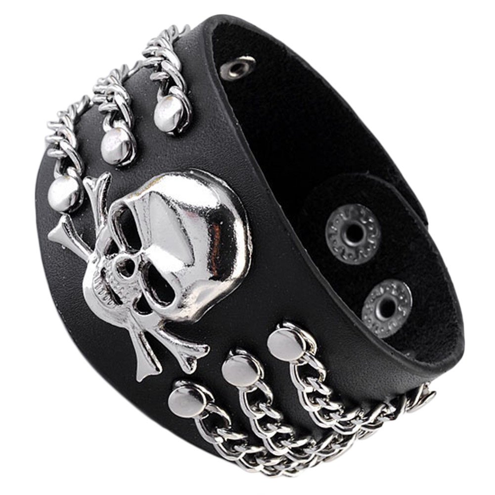 Jovivi 3pcs Spike Studded Rivets Punk Rock Biker Wide Strap Genuine Leather Bracelets Chain Wristband Adjustable