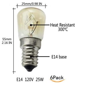 CTKcom 25W T25 E14 Base Oven Light Bulbs(6 Pack)- T25 E14 Microwave Light Bulbs 120V Heat Resistant Bulbs 300'C,Warm White Incandescent Light Bulb 360° Beam Angle,110-130V,6 Pcs