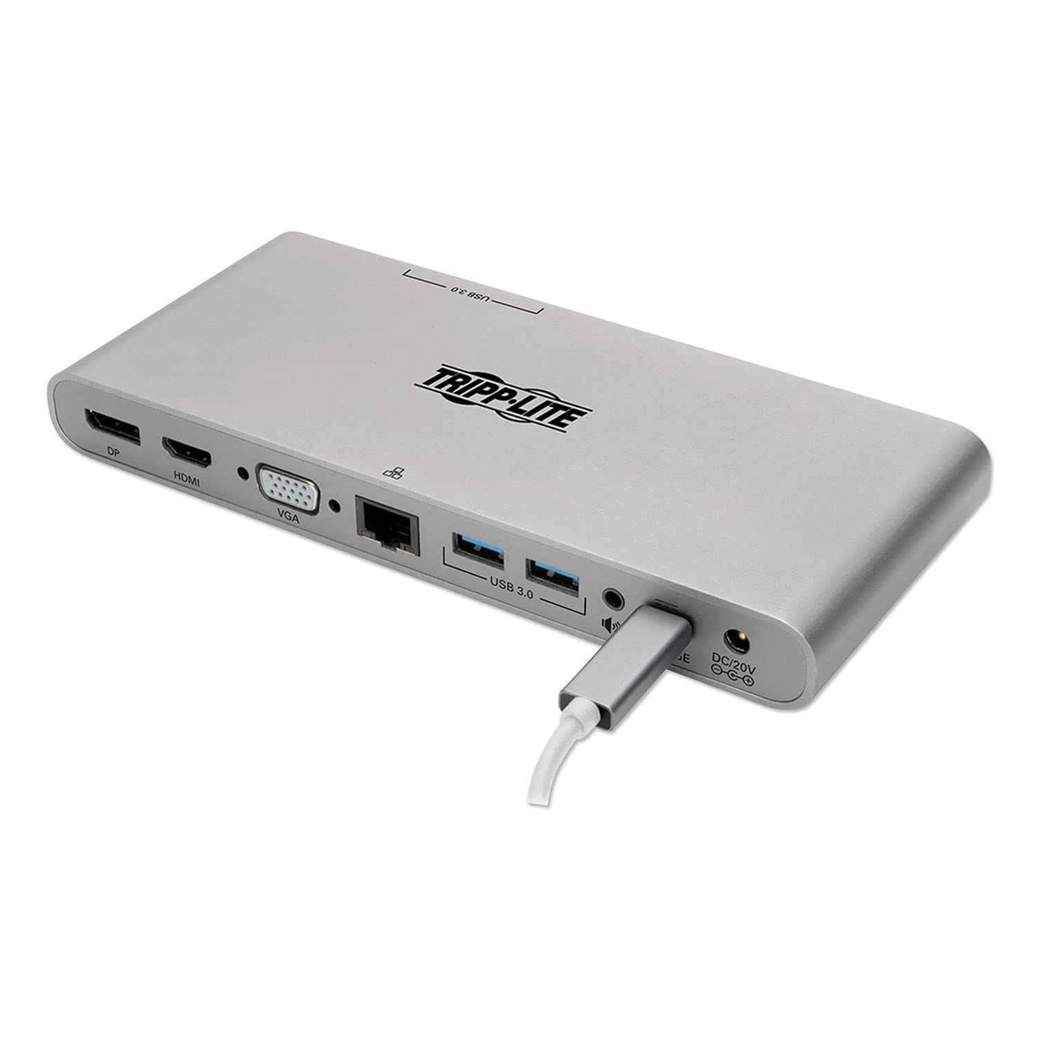 Tripp Lite USB C Docking Station w/ USB-A Hub, USB Type C, HDMI, VGA, DP, Gbe Gigabit Ethernet PD Charging 4K@ 30Hz, Portable, Thunderbolt 3 Silver (U442-DOCK4-S)