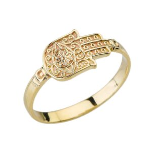 middle eastern jewelry elegant 10k yellow gold evil eye sun of hamsa hand ring (size 8)