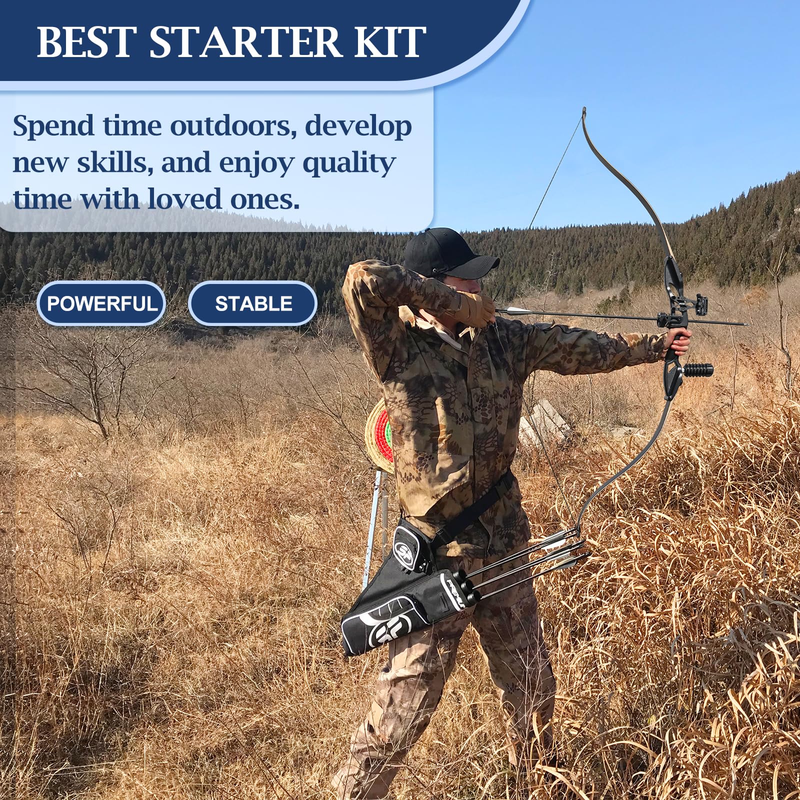 D&Q Recurve Bows for Adults Hunting Black Hunter Longbow Takedown 30-50lbs Bow and Arrow Set Right Handed Archery Archery with Bow Case Stringer Arrow Target Practice (Black 50lbs)