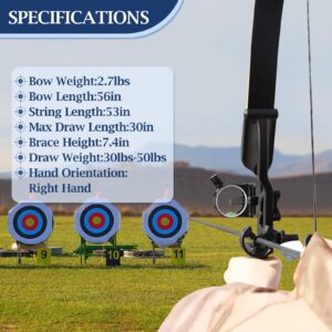 D&Q Recurve Bows for Adults Hunting Black Hunter Longbow Takedown 30-50lbs Bow and Arrow Set Right Handed Archery Archery with Bow Case Stringer Arrow Target Practice (Black 50lbs)