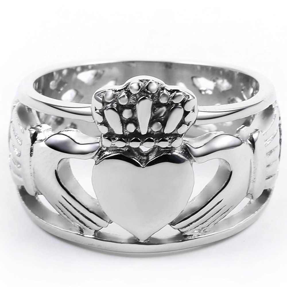 Stainless Steel Heat Shaped Claddagh Ring Statement Promise Anniversary (Silver, 12)