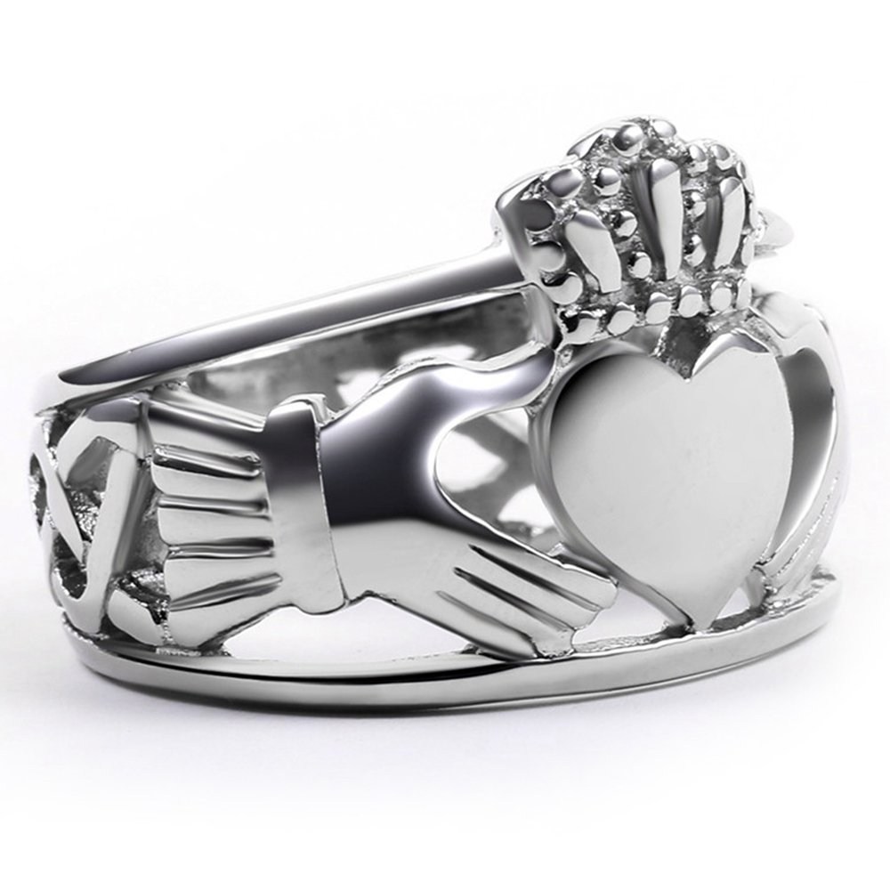 Stainless Steel Heat Shaped Claddagh Ring Statement Promise Anniversary (Silver, 12)