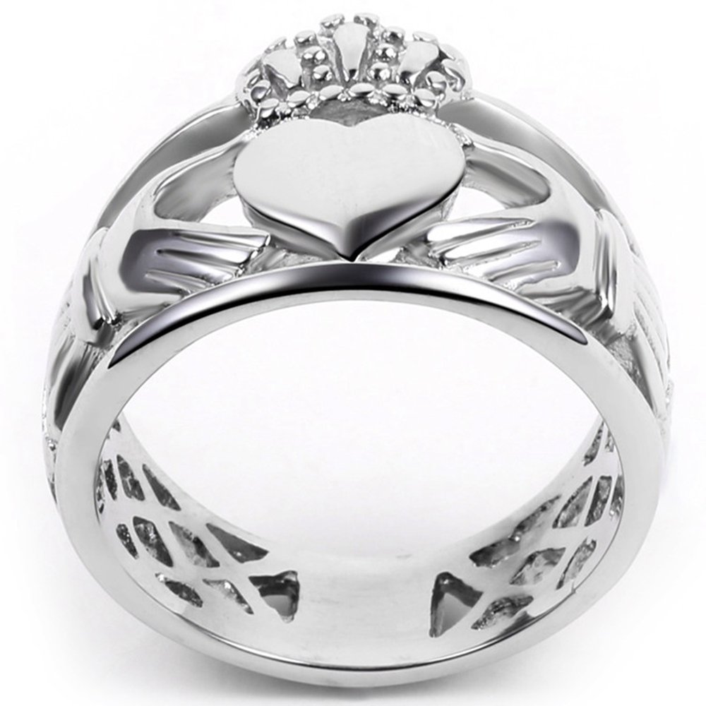 Stainless Steel Heat Shaped Claddagh Ring Statement Promise Anniversary (Silver, 12)