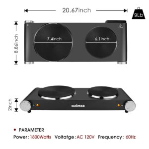 CUSIMAX Double Hot Plates Electric Burner, 1800W Countertop Cooktop with Adjustable Temperature Control, Hot Plates for Cooking Portable Electric Stove, Black Stainless Steel Cooktop, Upgraded Version